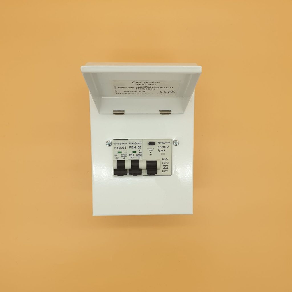 PowerBreaker 2 Way Garage Fuse Board 63A RCD with B6 + B16 MCB's